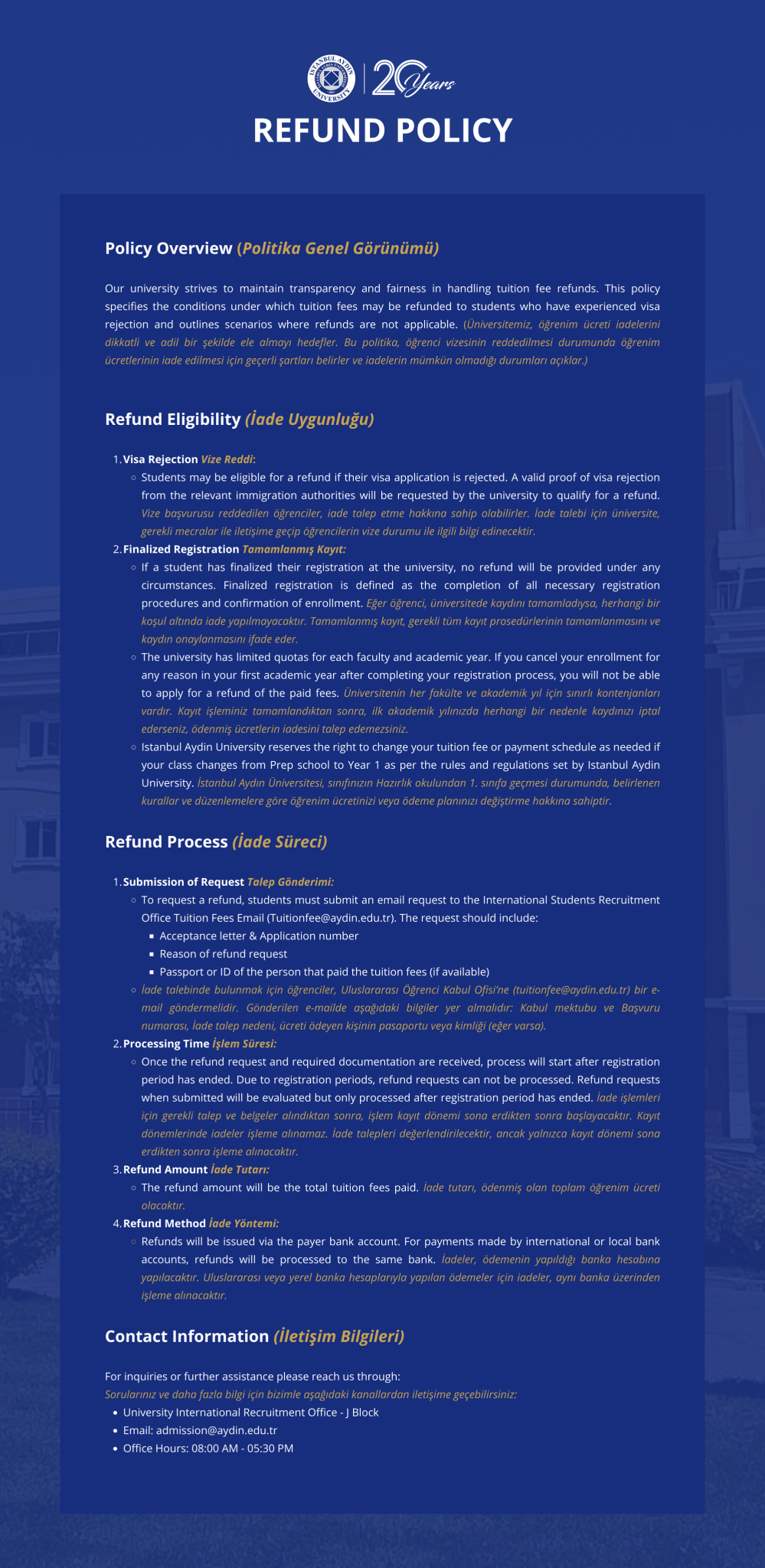 Refund Policy – Study at IAU – Istanbul Aydin University